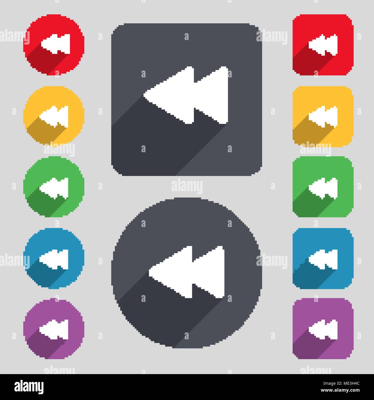 rewind icon sign. A set of 12 colored buttons and a long shadow. Flat ...