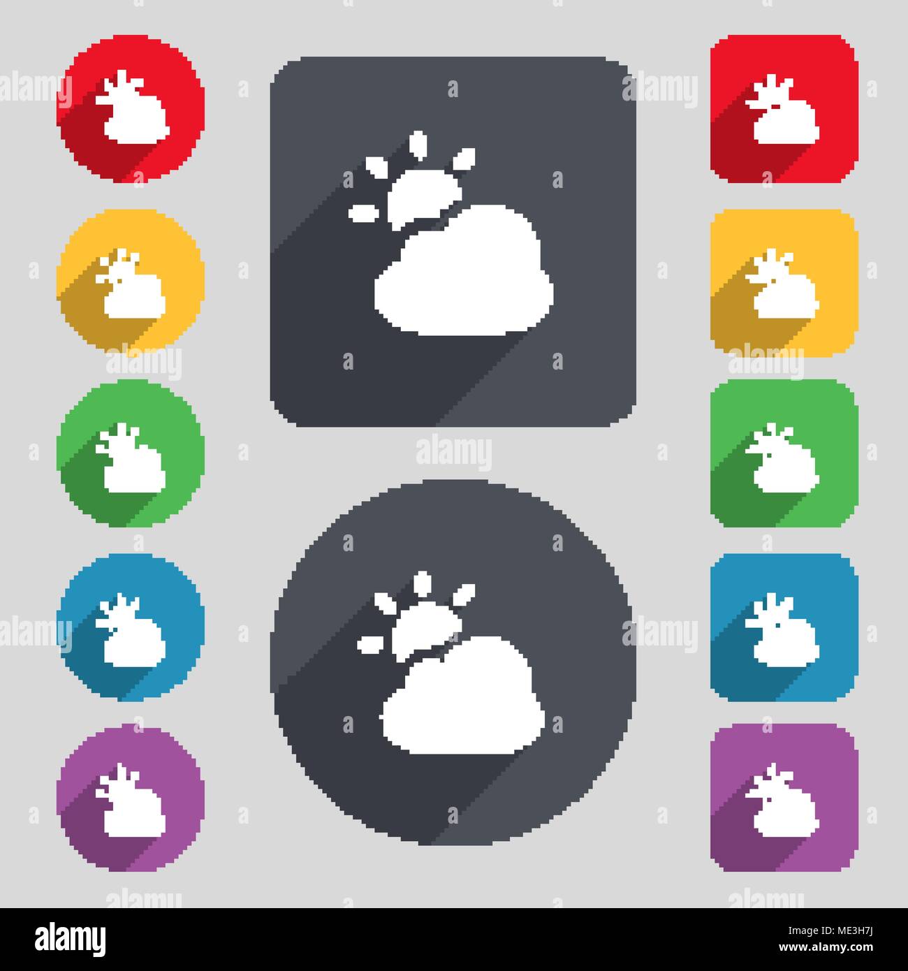weather icon sign. A set of 12 colored buttons and a long shadow. Flat ...