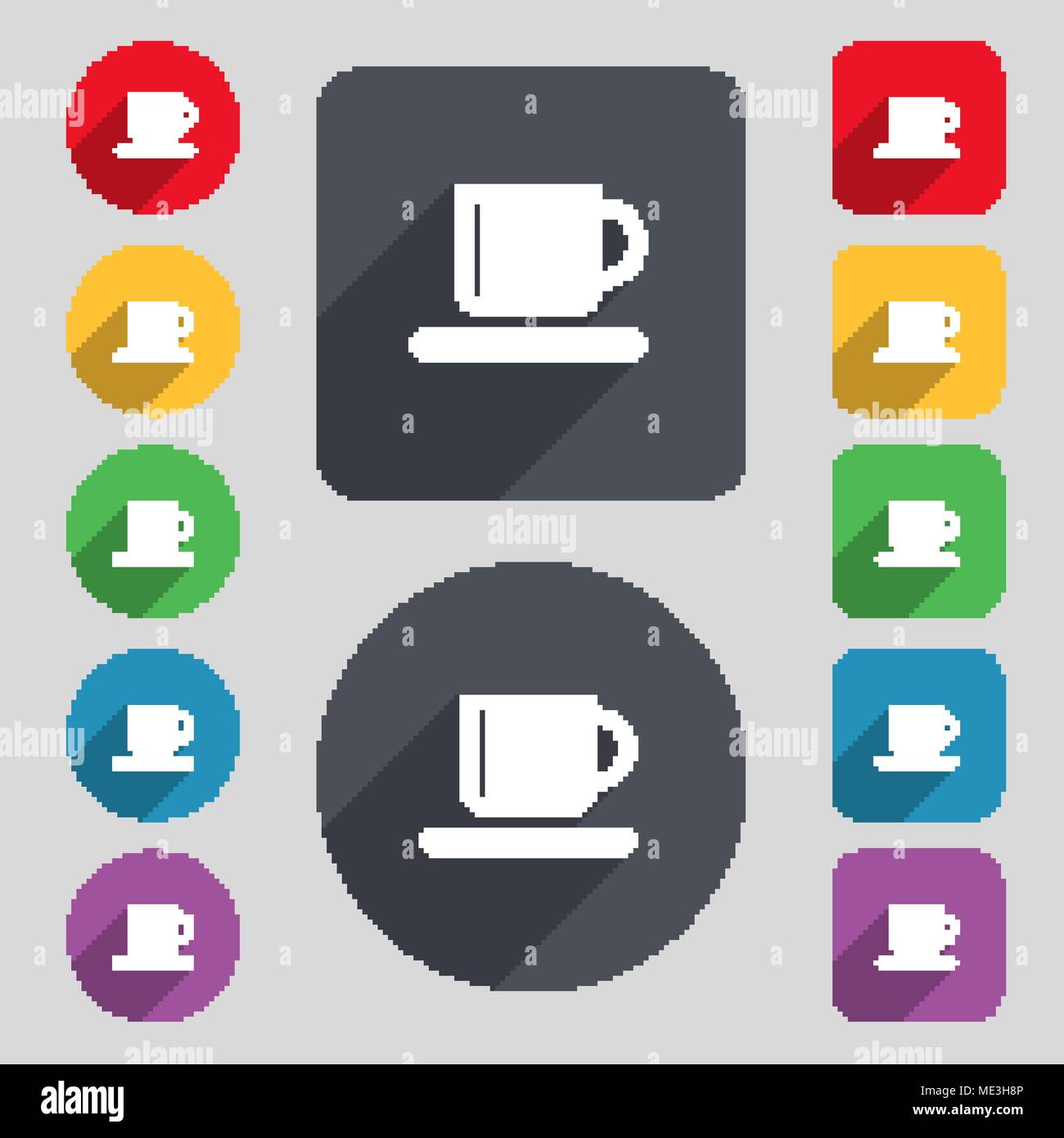 Coffee cup icon sign. A set of 12 colored buttons and a long shadow ...