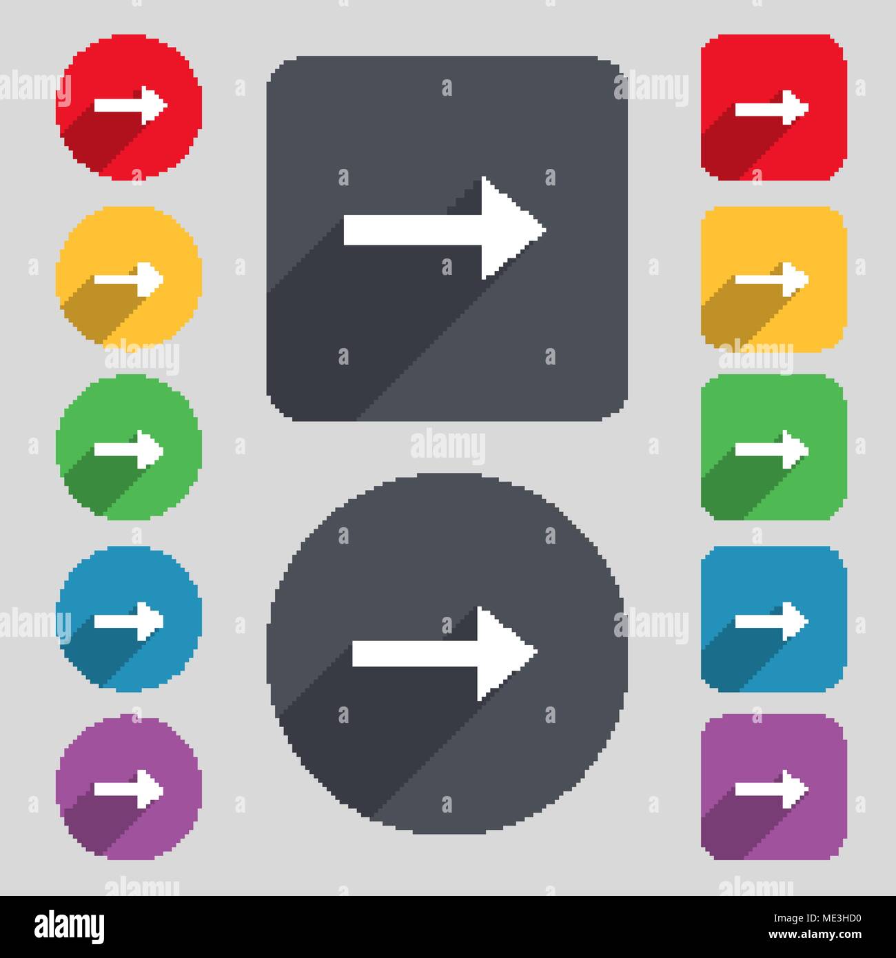 Arrow right, Next icon sign. A set of 12 colored buttons and a long ...