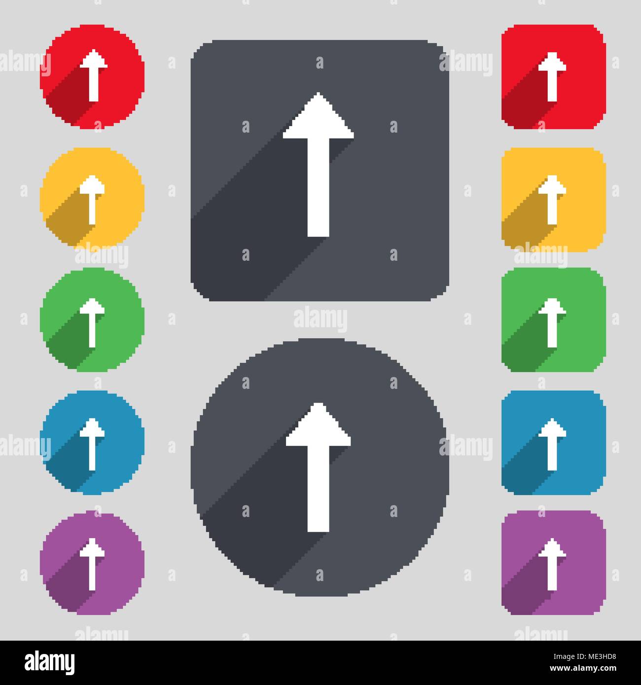 Direction arrow up icon sign. A set of 12 colored buttons and a long ...