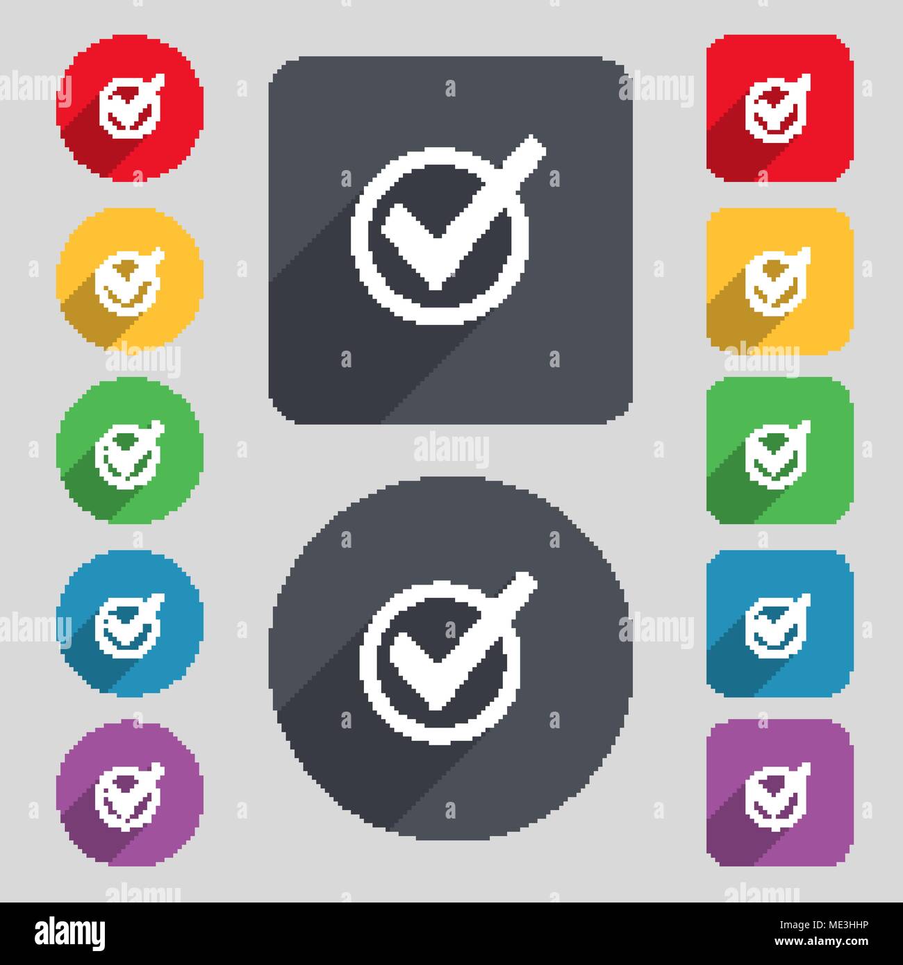Check mark, tik icon sign. A set of 12 colored buttons and a long ...