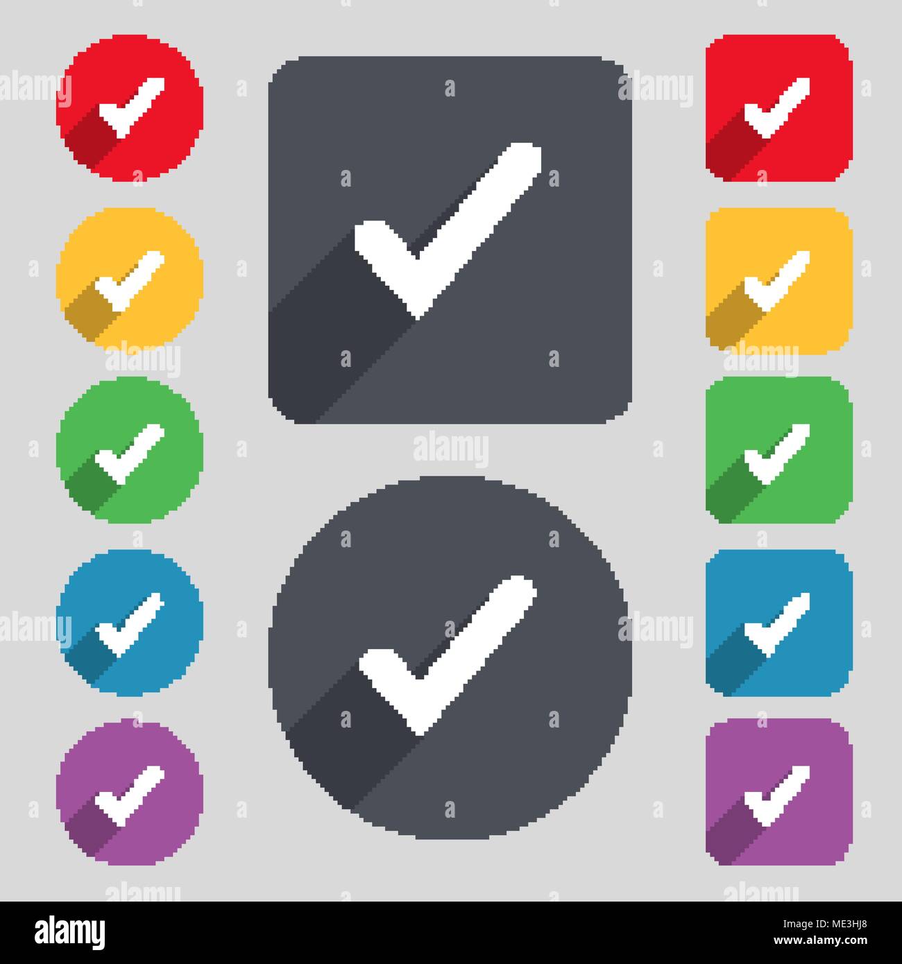 Check mark, tik icon sign. A set of 12 colored buttons and a long ...