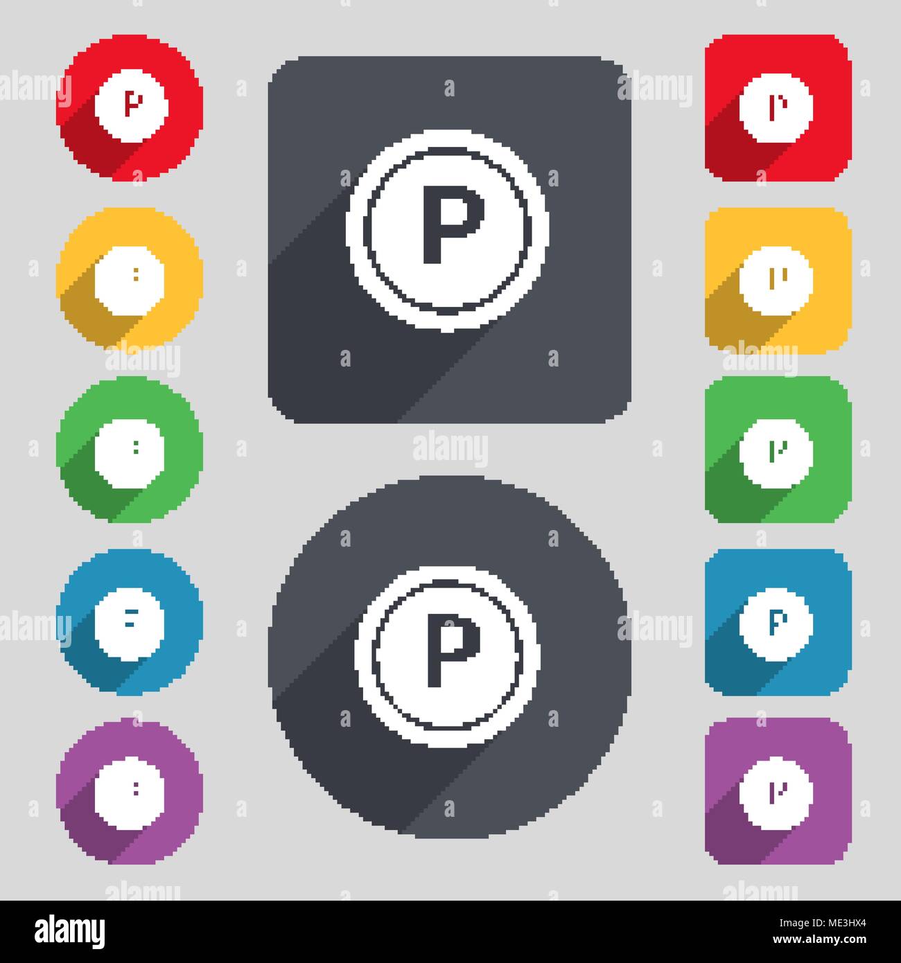 Car parking icon sign. A set of 12 colored buttons and a long shadow ...