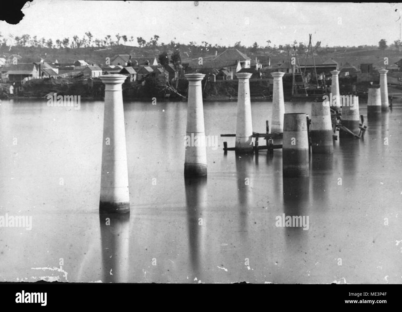 Concrete pylons being erected for the first permanent Victoria Bridge ...