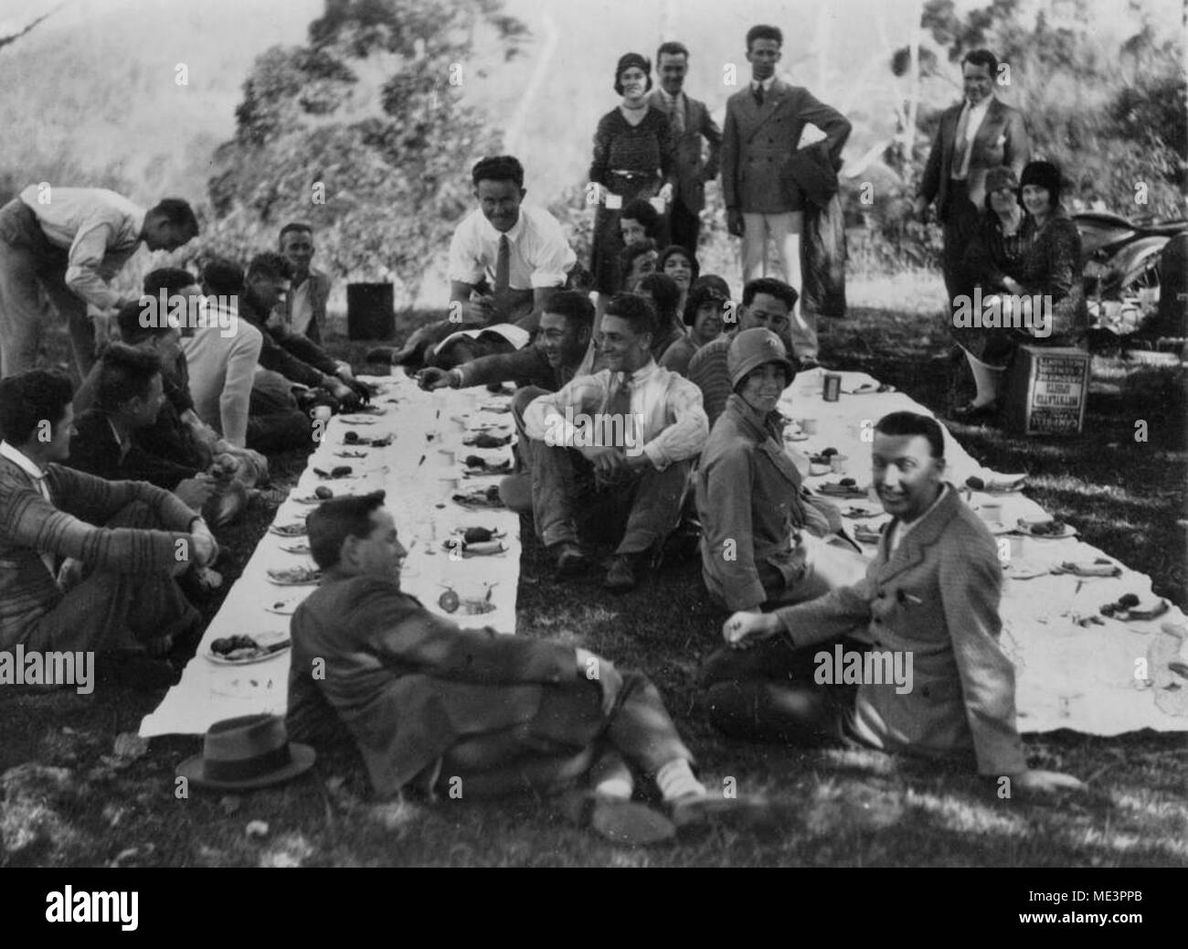 Tables laid for the Motor Cycle Union picnic, ca 1925 Stock Photo - Alamy