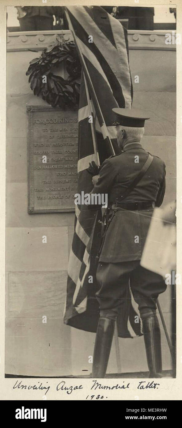 Sir John Goodwin unveiling the Anzac Memorial Tablet, Brisbane, 1930 ...
