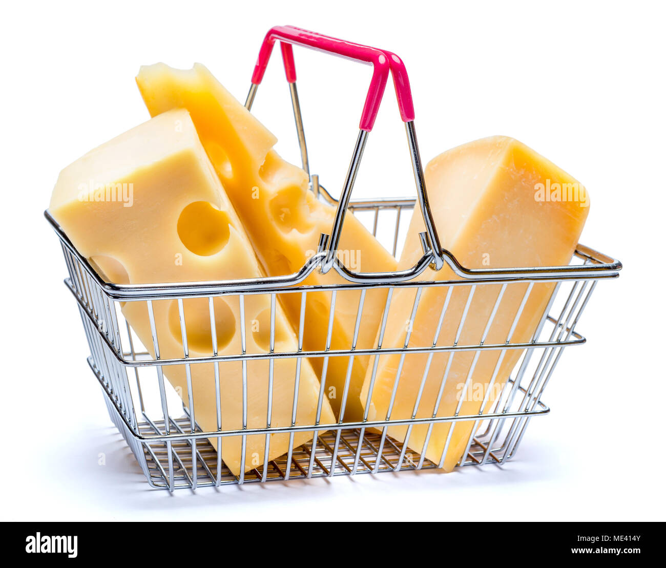 Parmesan and cheddar cheese in small shopping cart basket Stock Photo ...