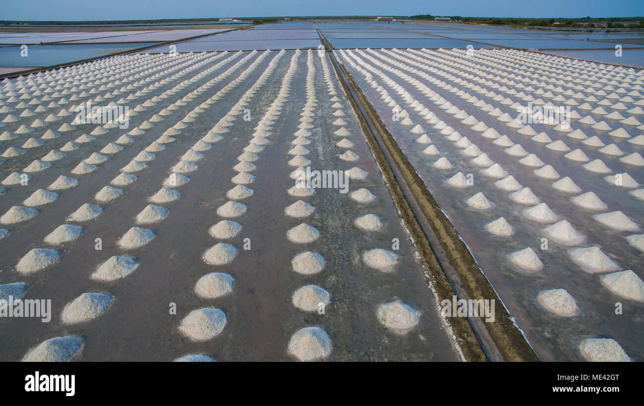 aerial view Heap of sea salt in original salt produce farm make from ...