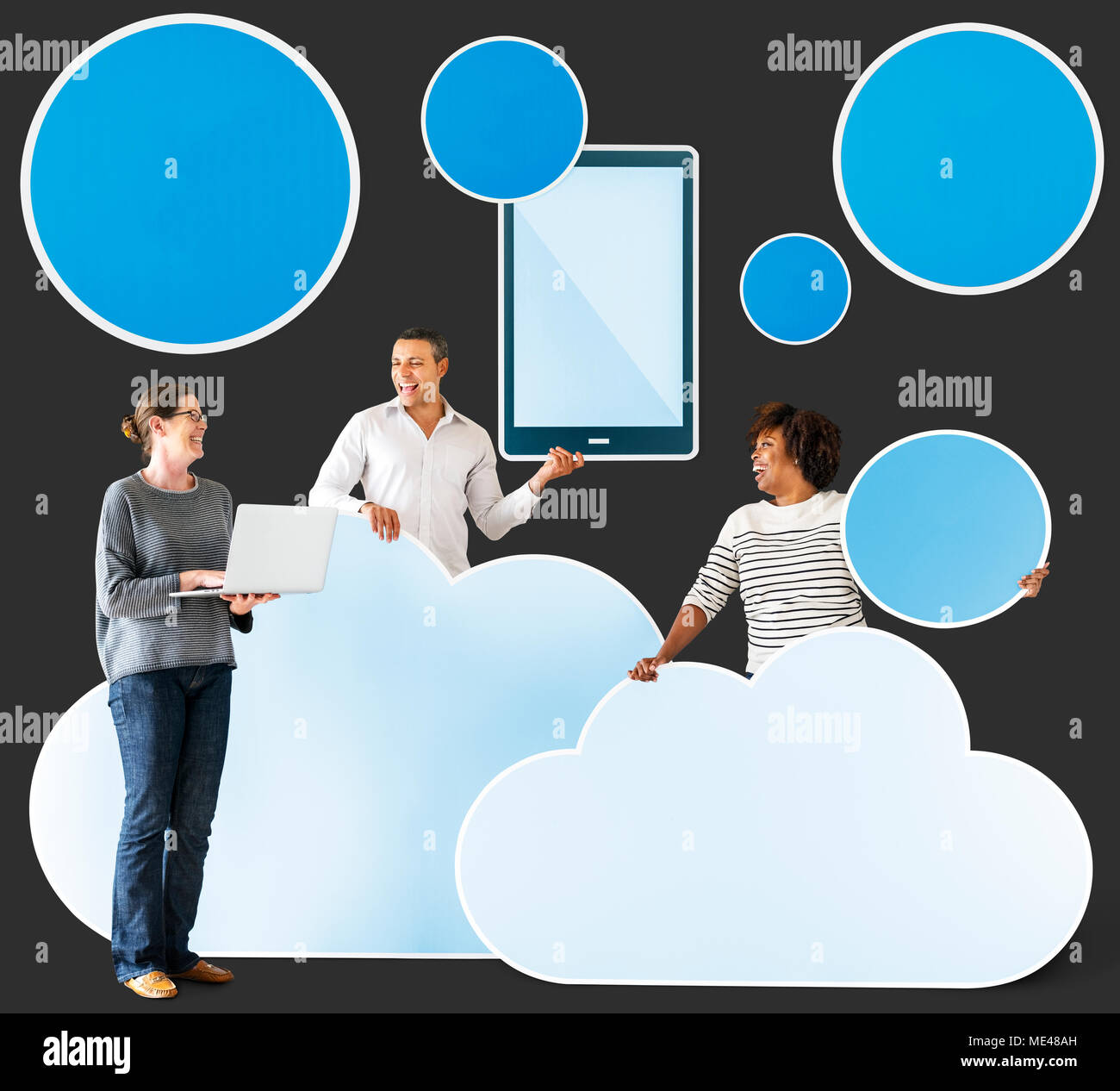 Happy people with cloud and technology icons Stock Photo - Alamy