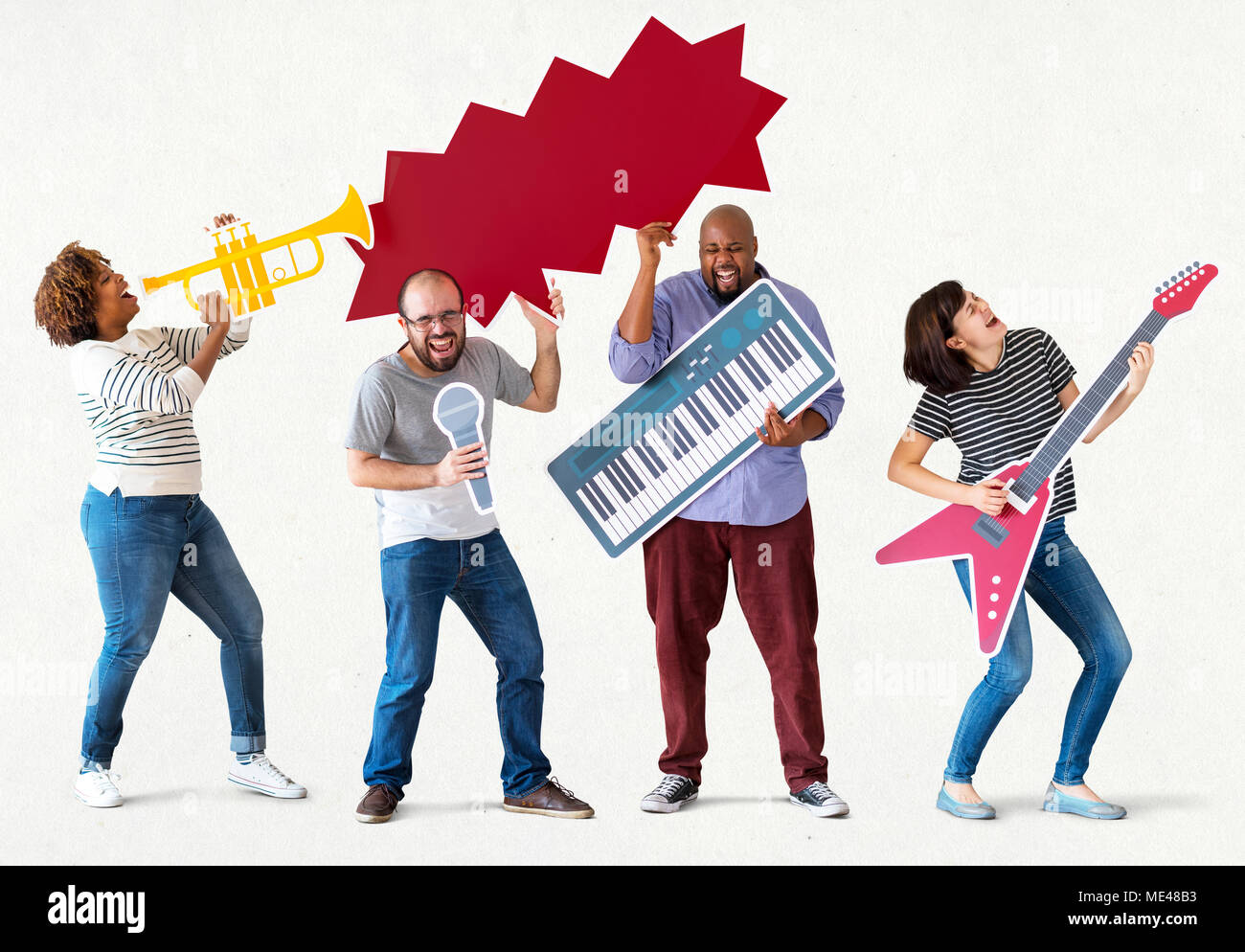 Group of diverse people enjoying music instruments Stock Photo - Alamy