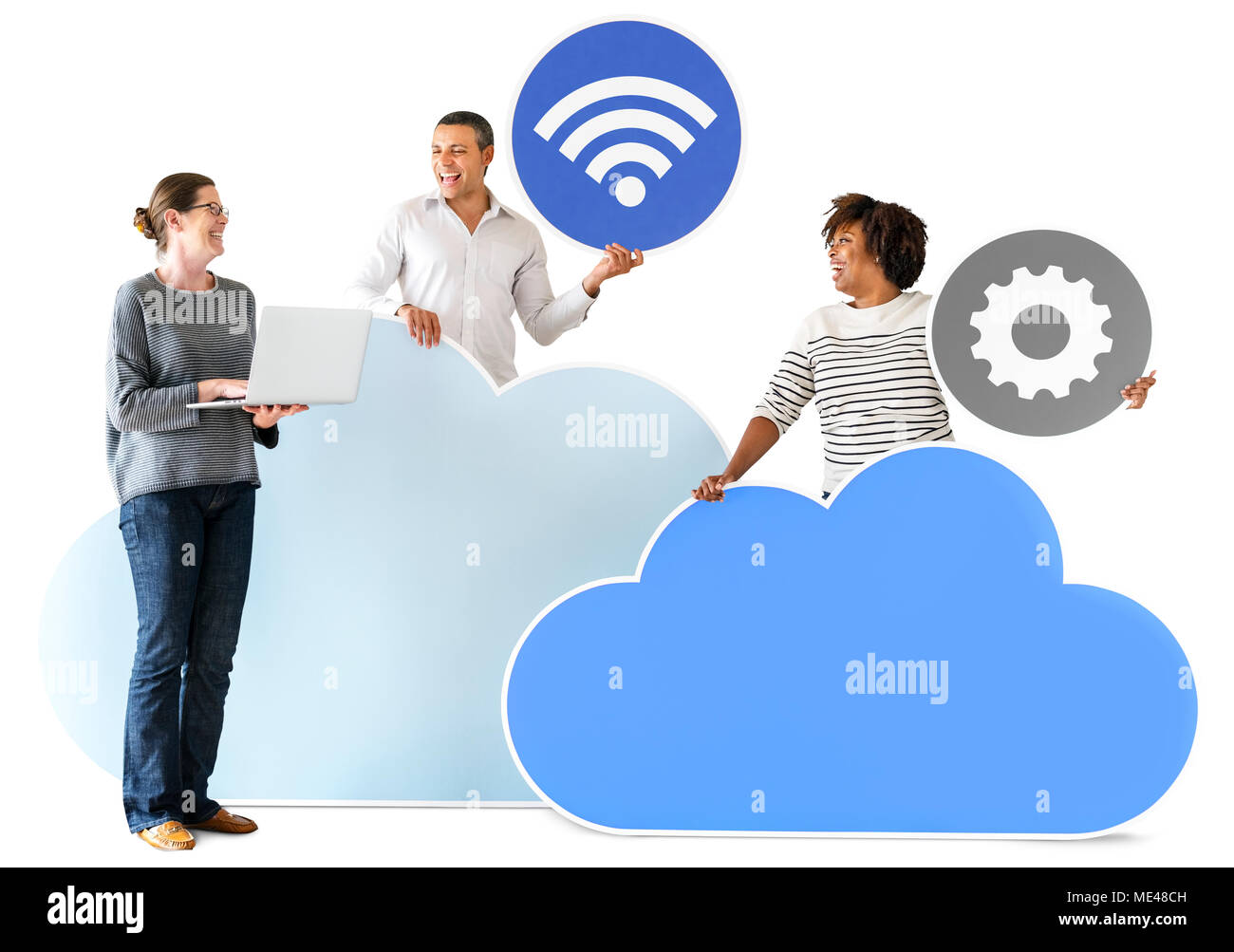 Happy people with cloud and technology icons Stock Photo - Alamy