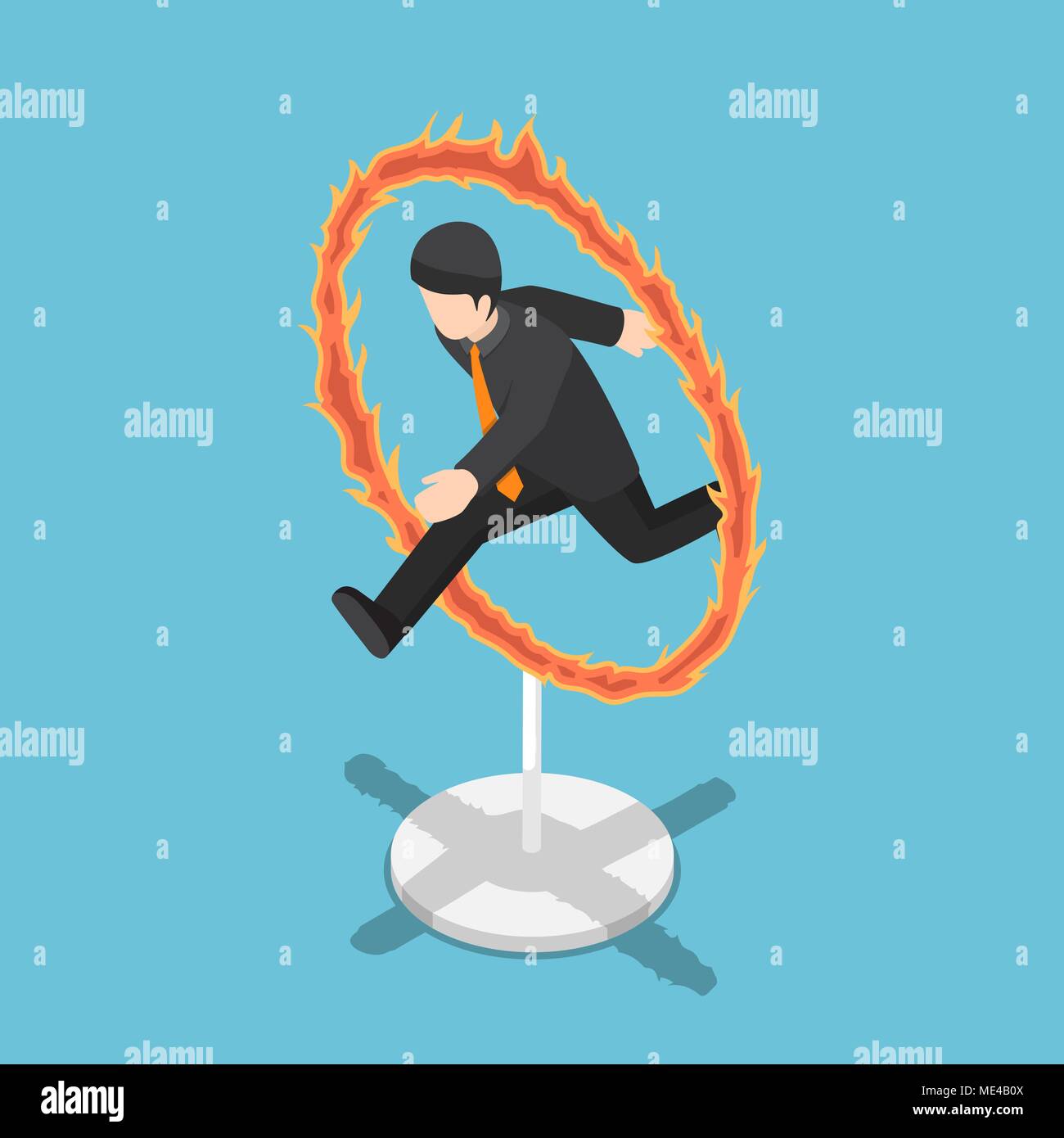 Flat 3d isometric businessman jumping through fire hoop. Business risk ...