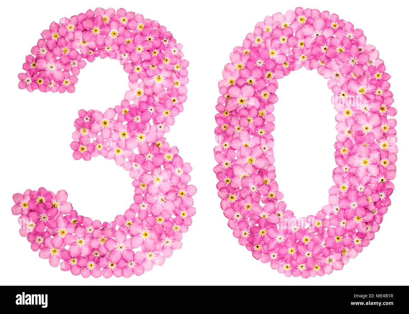 Arabic numeral 30, thirty, from pink forget-me-not flowers, isolated on ...