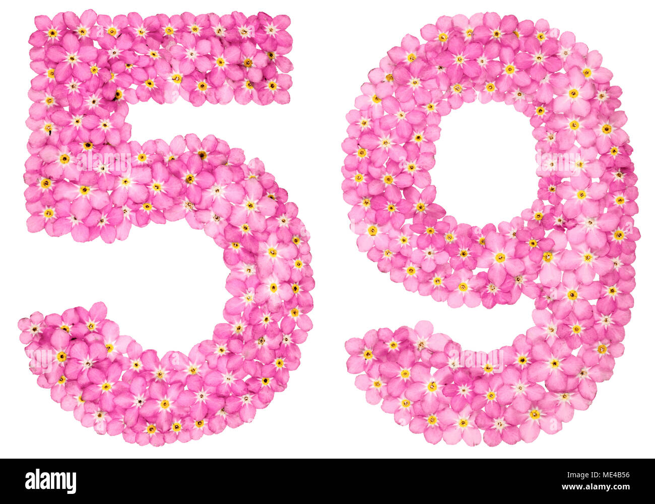 Arabic numeral 59, fifty nine, from pink forget-me-not flowers ...