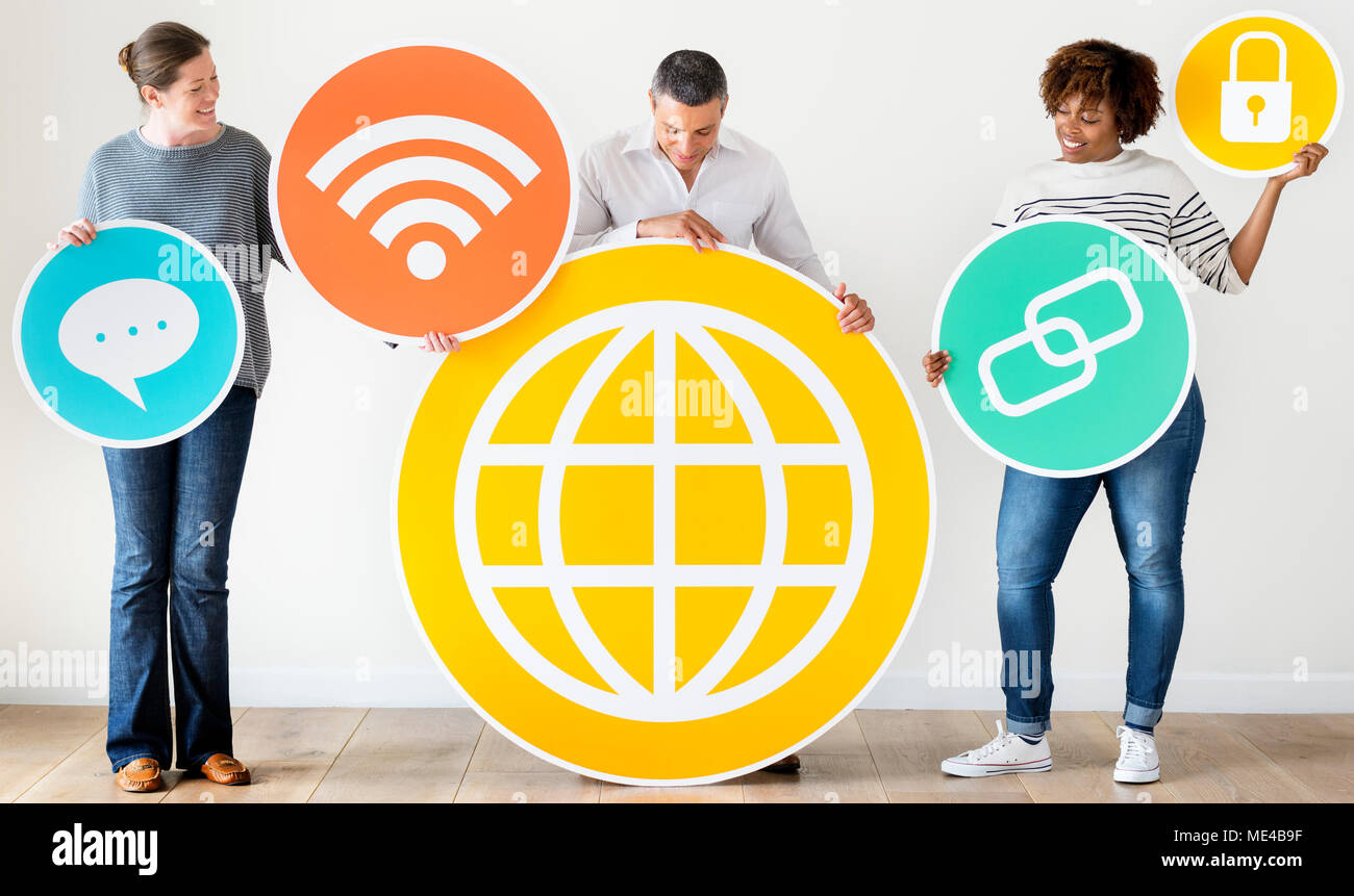 Diverse people with social media icons Stock Photo - Alamy