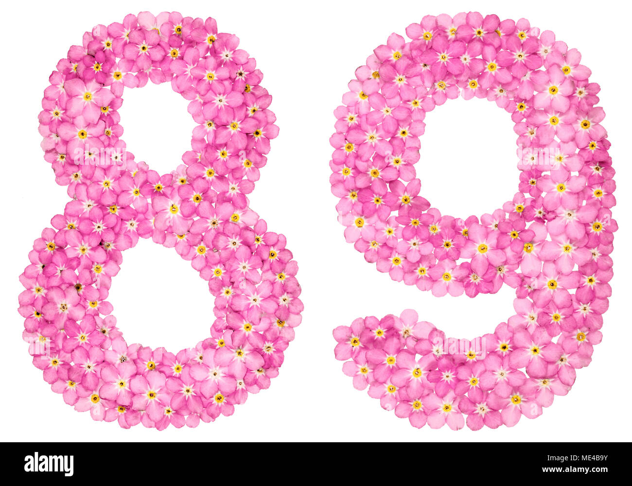 Arabic numeral 89, eighty nine, from pink forget-me-not flowers ...