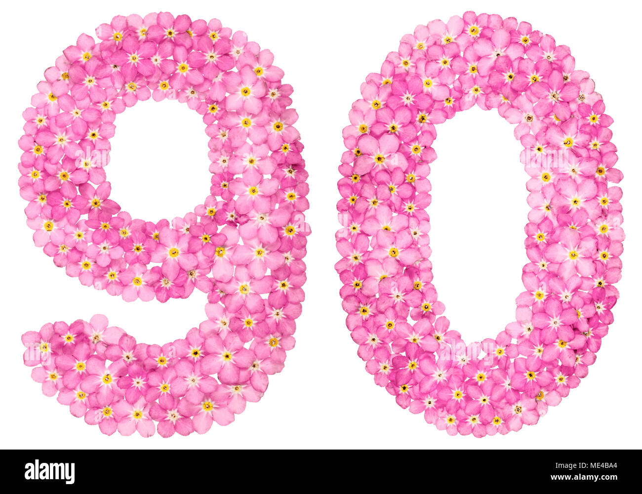 Arabic numeral 90, ninety, from pink forget-me-not flowers, isolated on ...
