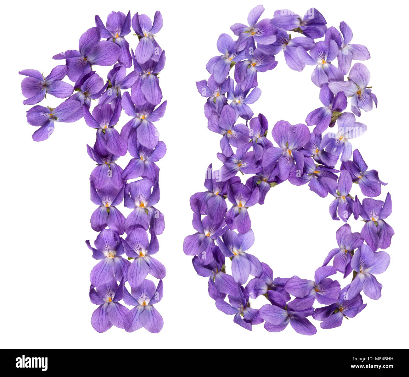 Arabic numeral 18, eighteen, from flowers of viola, isolated on white ...