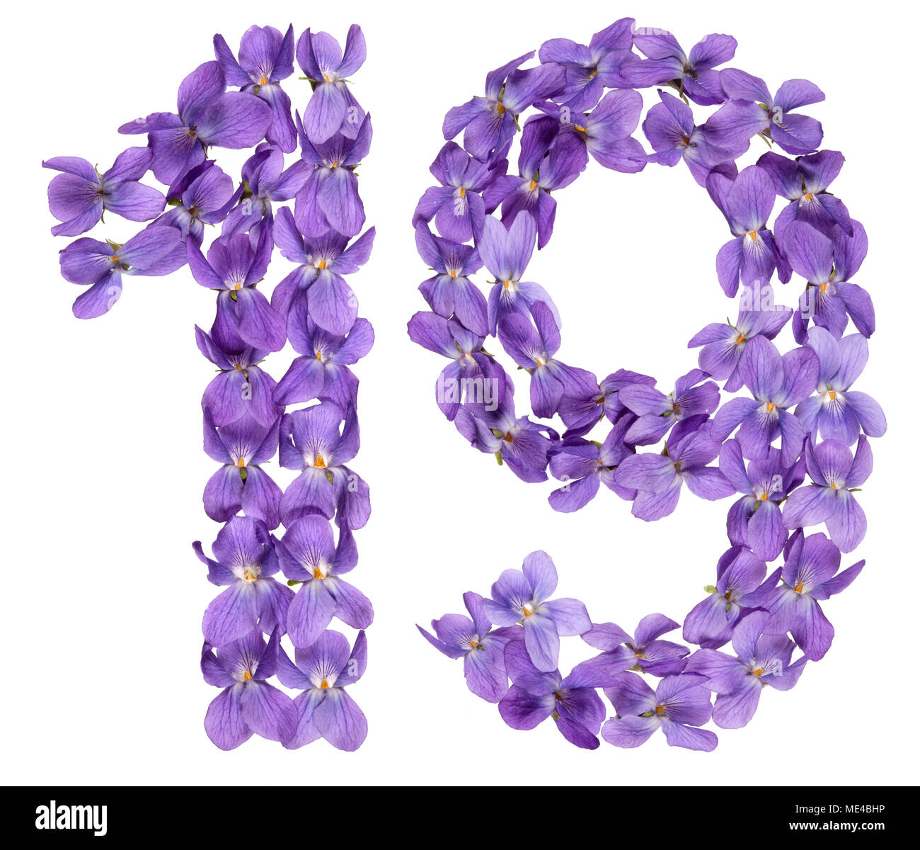 Arabic numeral 19, nineteen, from flowers of viola, isolated on white ...