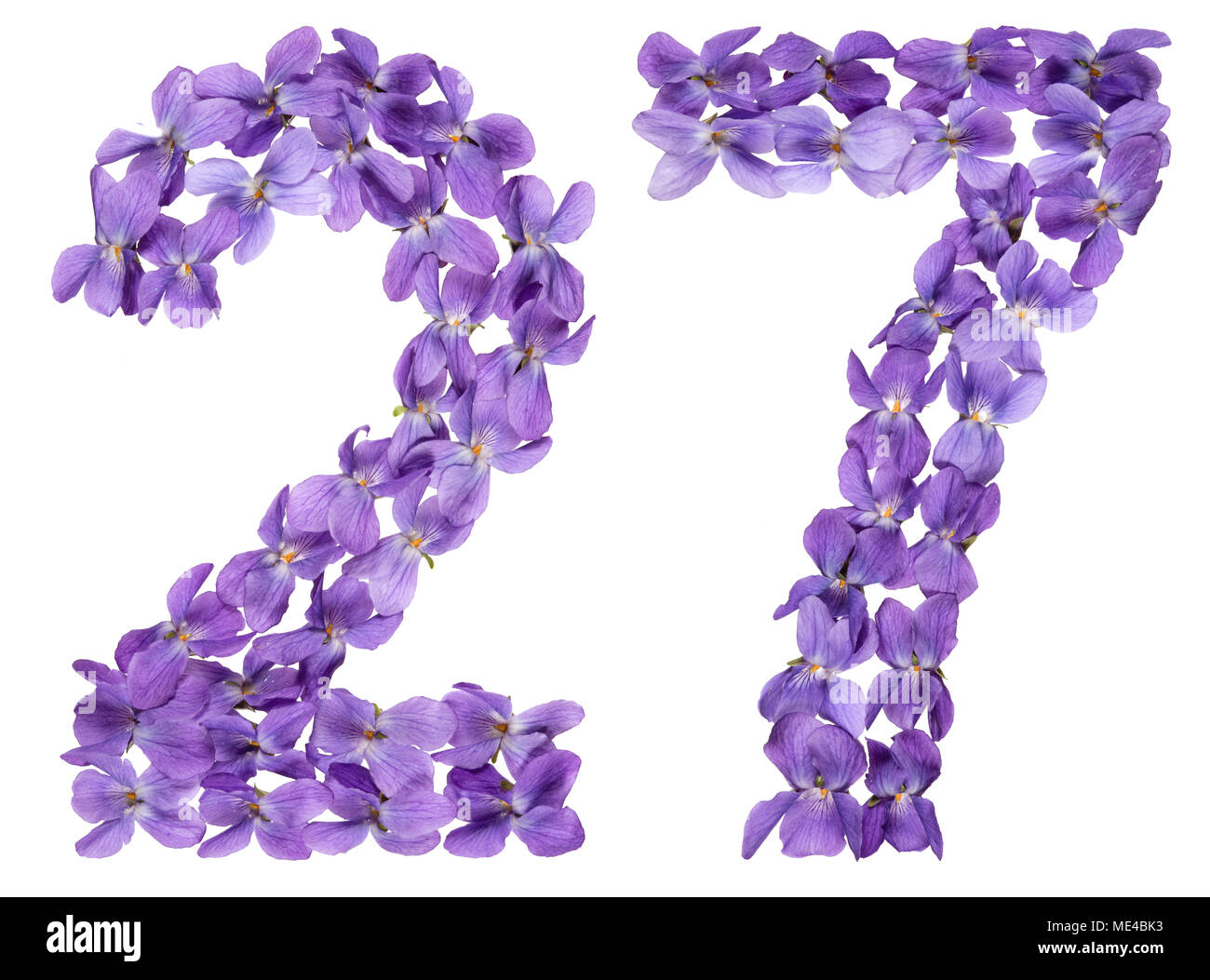Arabic numeral 27, twenty seven, from flowers of viola, isolated on ...