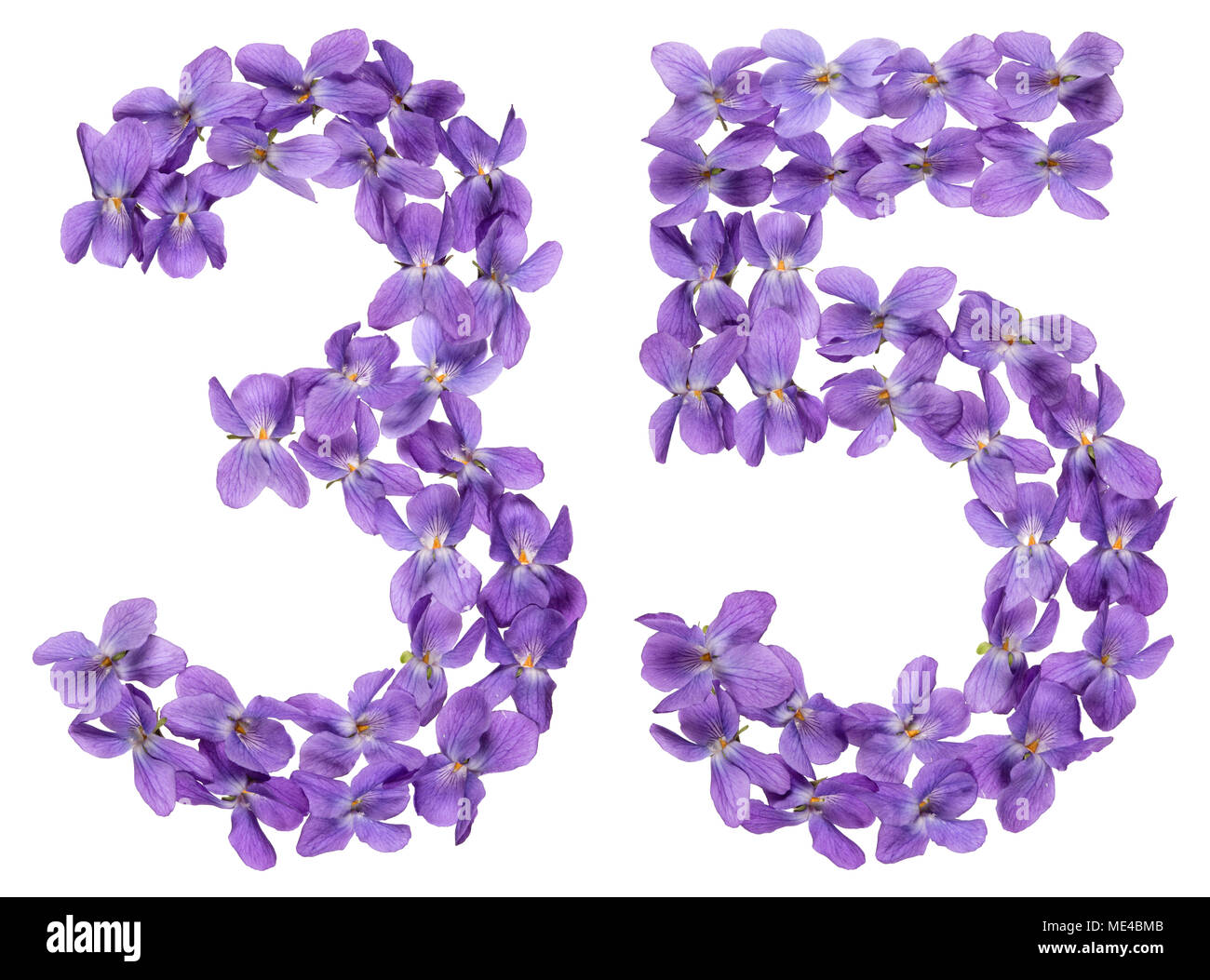Arabic numeral 35, thirty five, from flowers of viola, isolated on ...