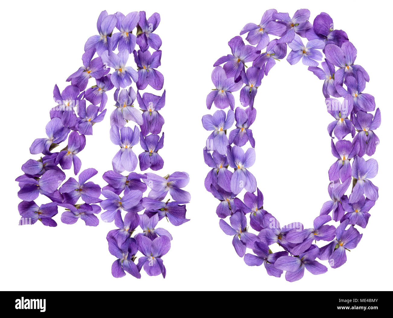 Arabic numeral 40, forty, from flowers of viola, isolated on white ...