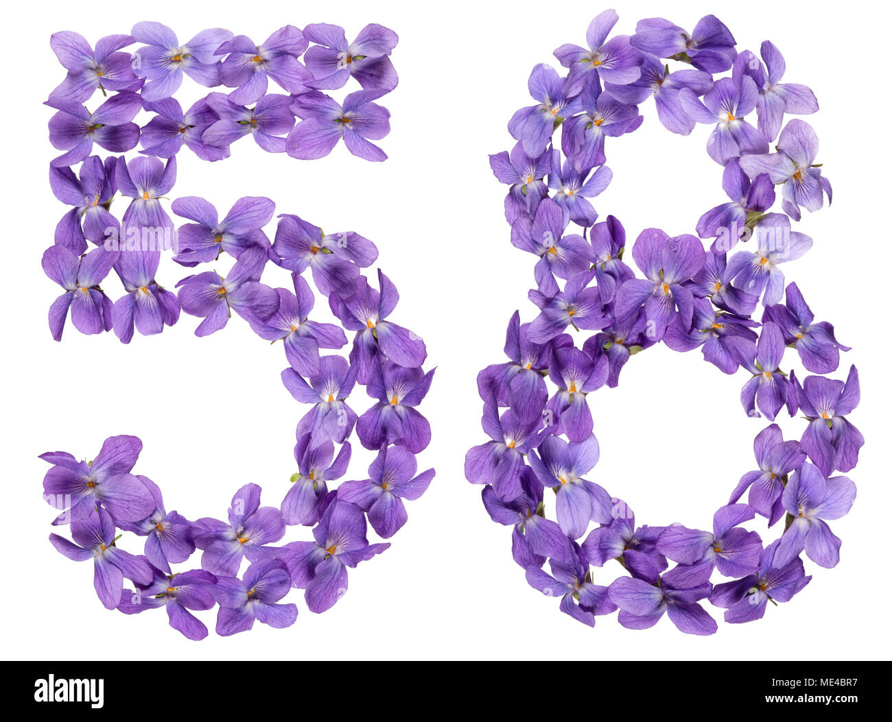 Arabic numeral 58, fifty eight, from flowers of viola, isolated on ...