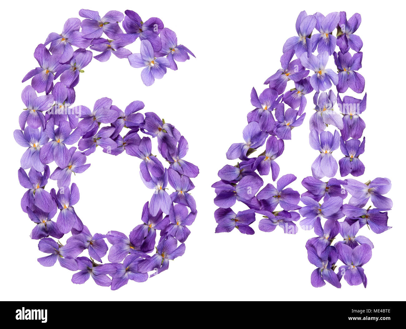 Arabic numeral 64, sixty four, from flowers of viola, isolated on white ...