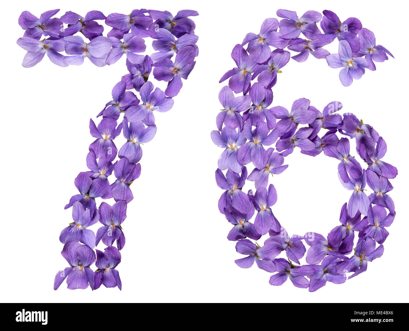 Arabic numeral 76, seventy six, from flowers of viola, isolated on ...
