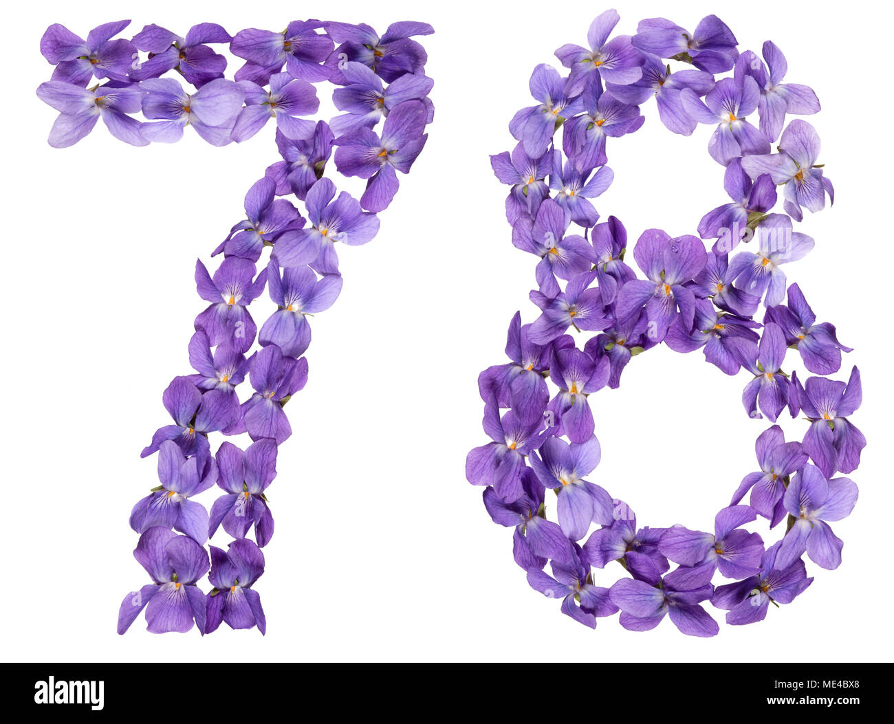 Arabic numeral 78, seventy eight, from flowers of viola, isolated on ...