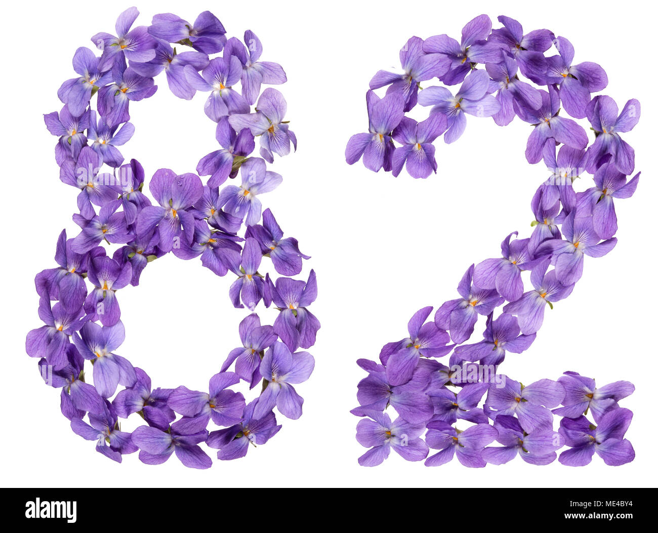 Arabic numeral 82, eighty two, from flowers of viola, isolated on white ...
