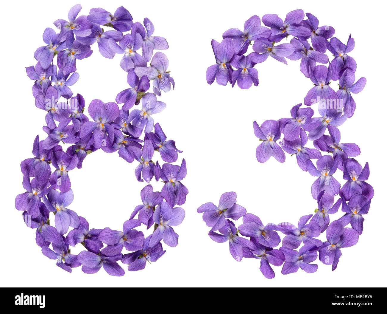 Arabic numeral 83, eighty three, from flowers of viola, isolated on ...