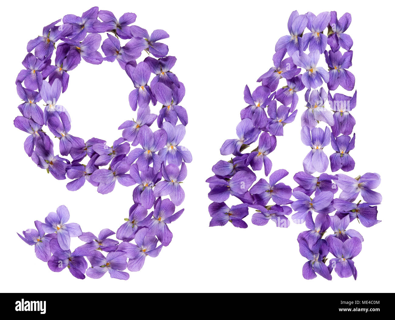 Arabic numeral 94, ninety four, from flowers of viola, isolated on ...