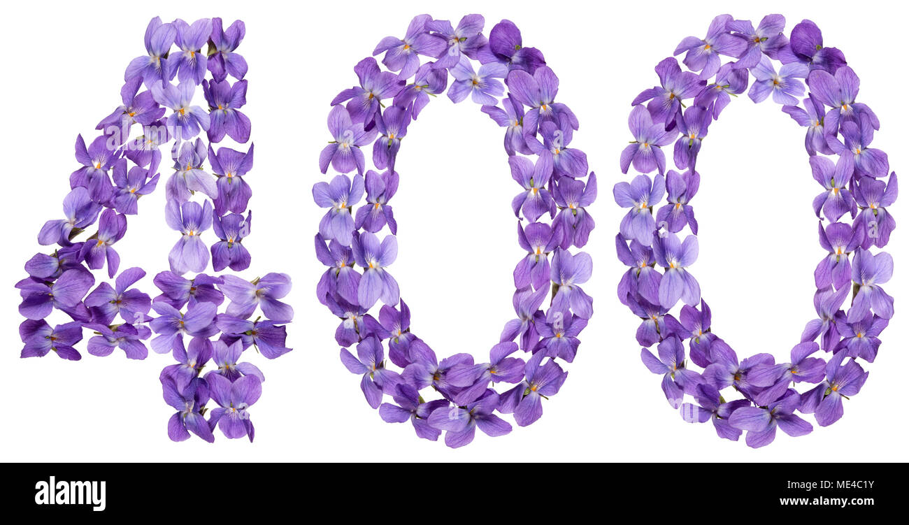 Arabic numeral 400, four hundred, from flowers of viola, isolated on ...