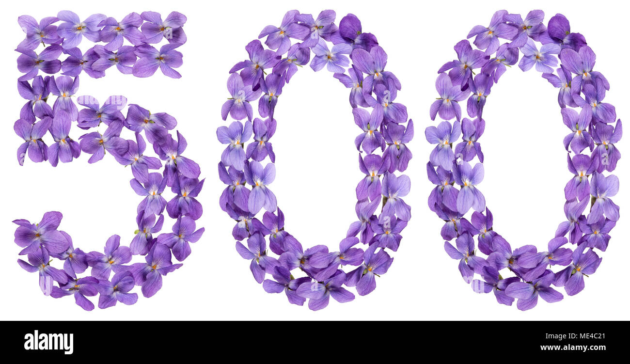 Arabic numeral 500, five hundred, from flowers of viola, isolated on ...