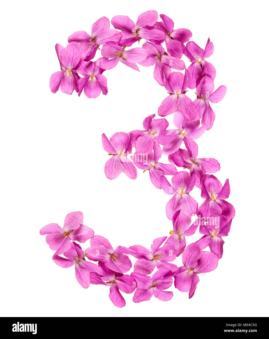 Arabic numeral 3, three, from flowers of viola, isolated on white ...