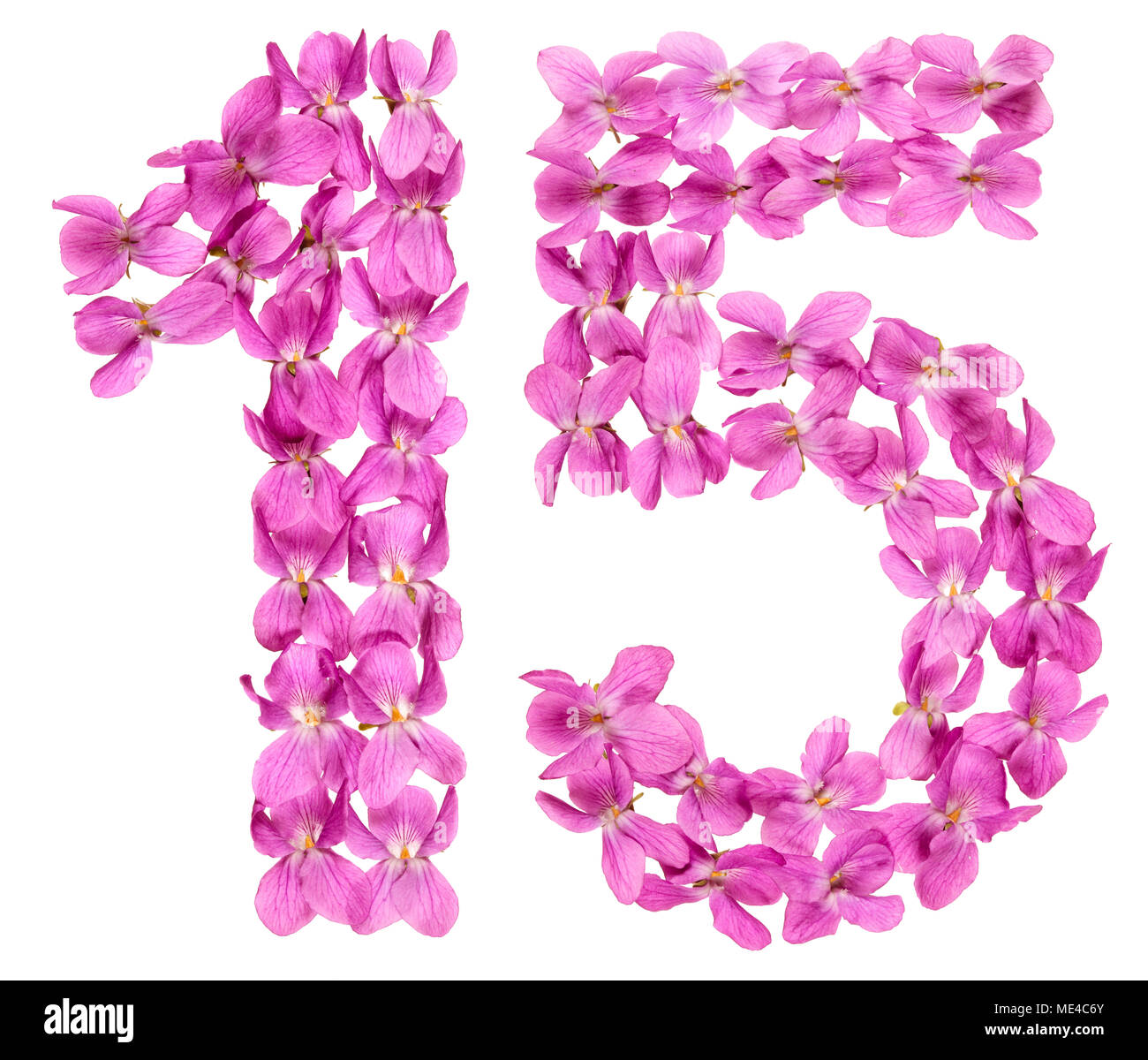 Arabic numeral 15, fifteen, from flowers of viola, isolated on white ...