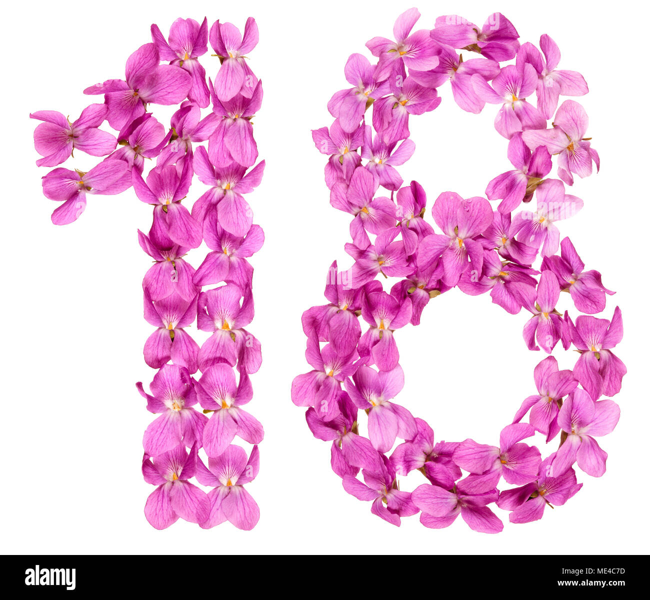 Arabic numeral 18, eighteen, from flowers of viola, isolated on white ...