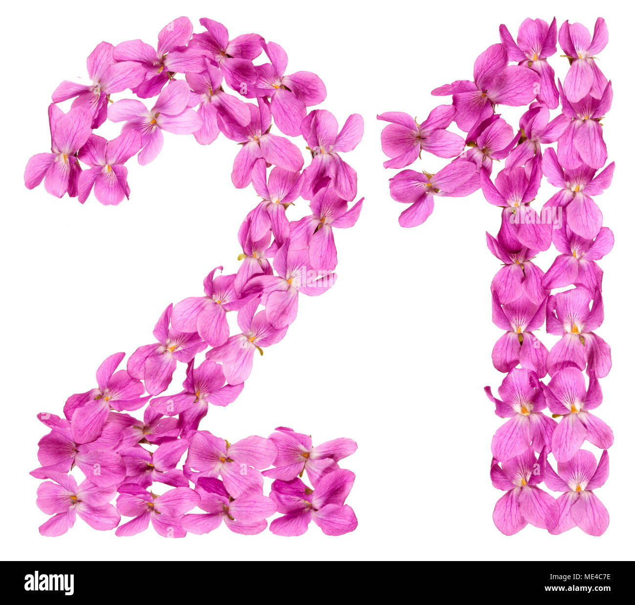Arabic numeral 21, twenty one, from flowers of viola, isolated on white ...