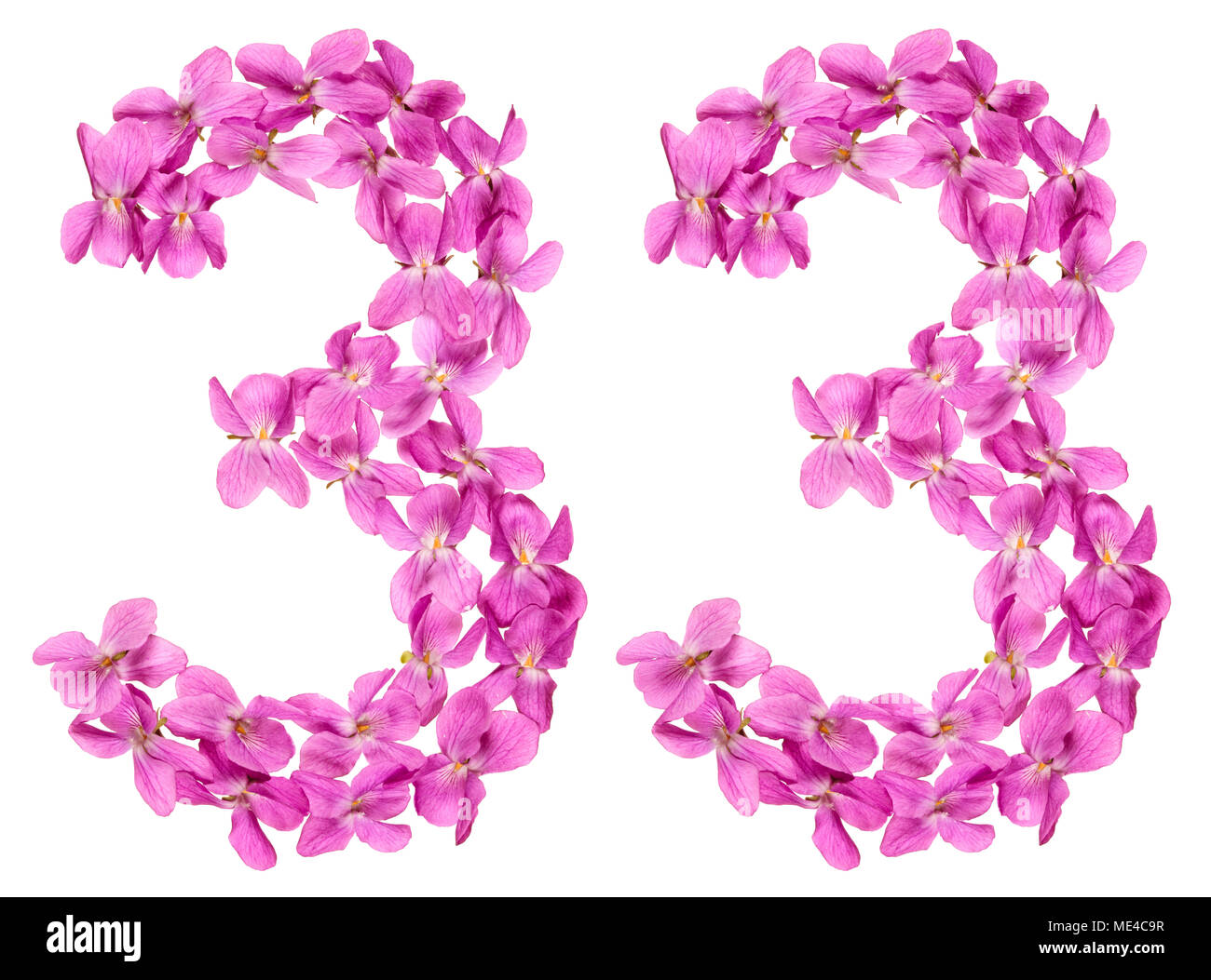 Arabic numeral 33, thirty three, from flowers of viola, isolated on ...