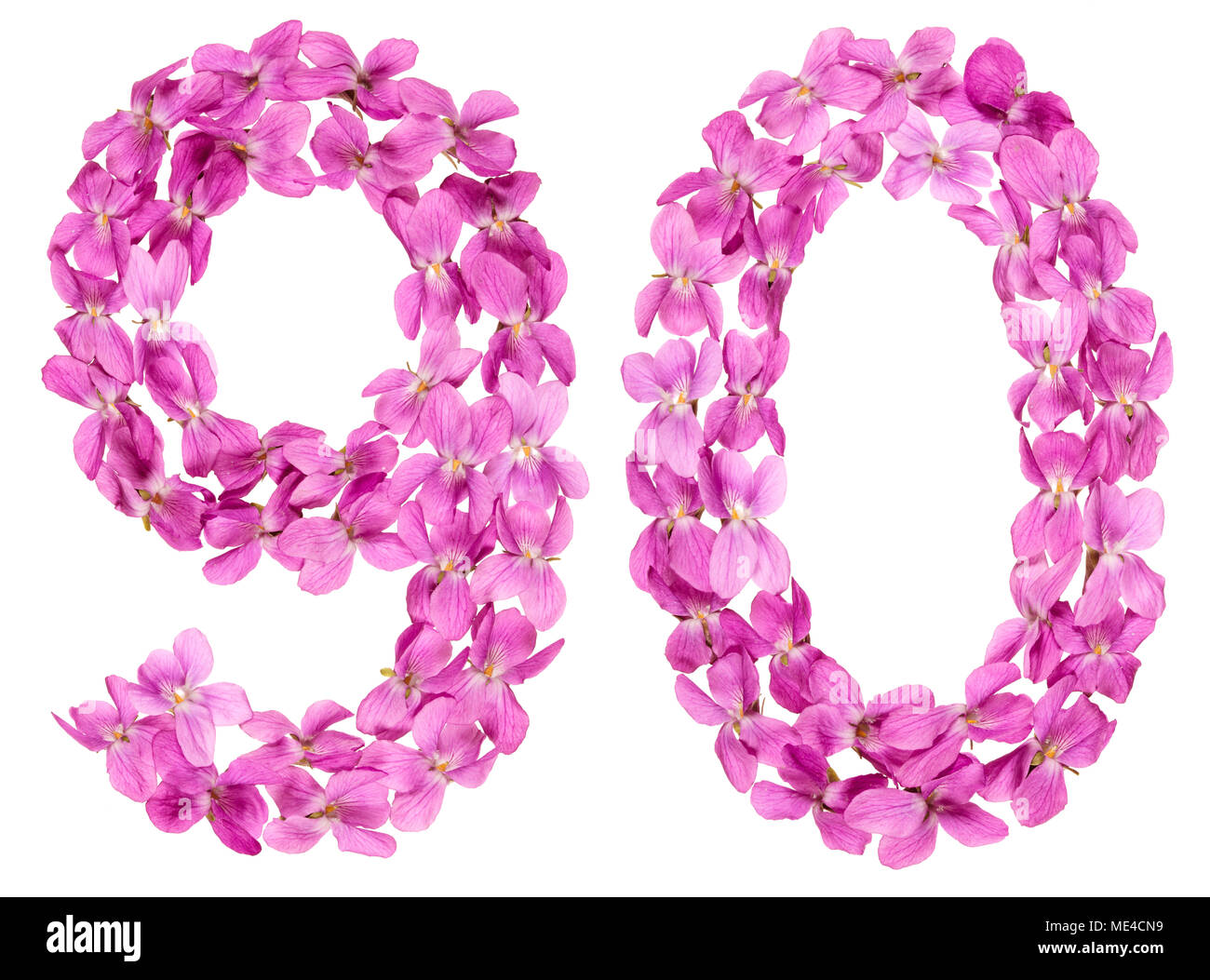 Arabic numeral 90, ninety, from flowers of viola, isolated on white ...