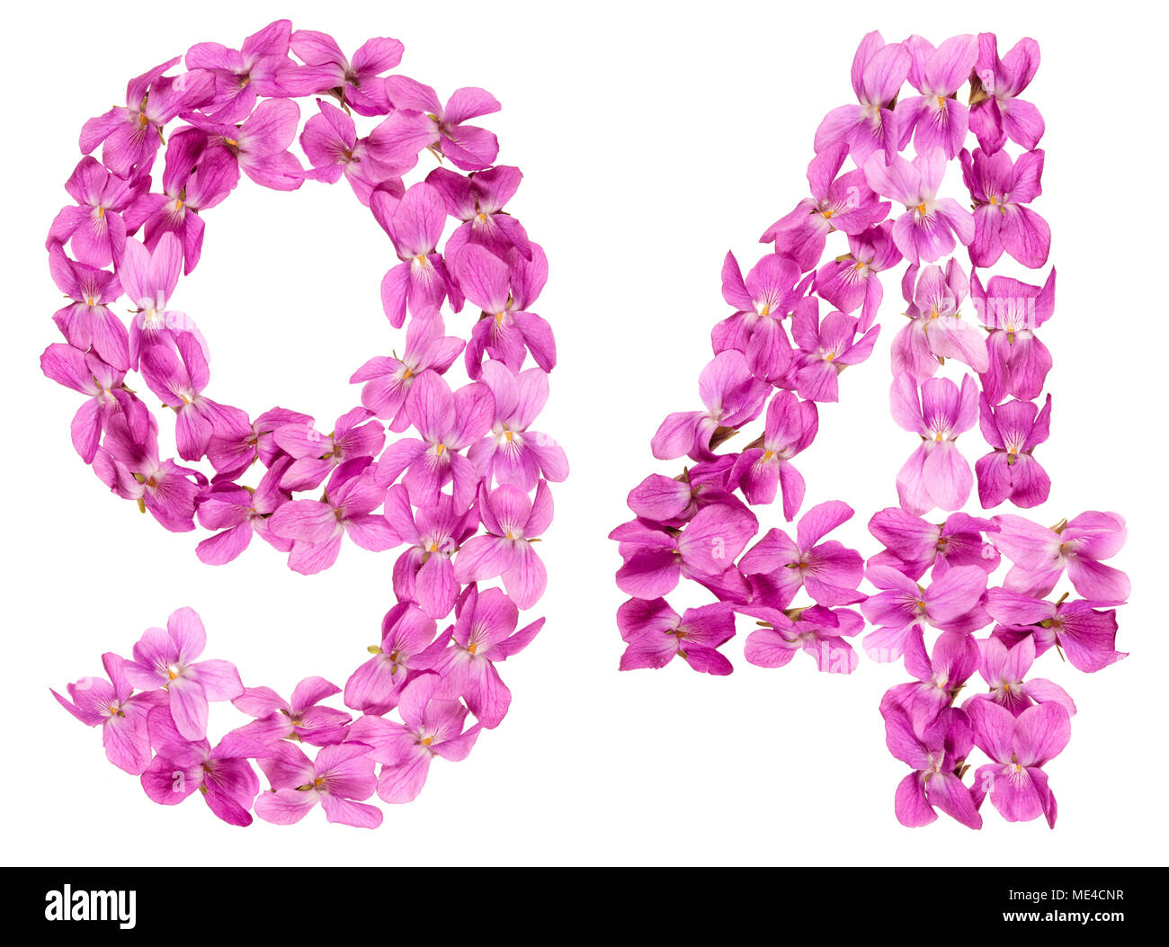 Arabic numeral 94, ninety four, from flowers of viola, isolated on ...