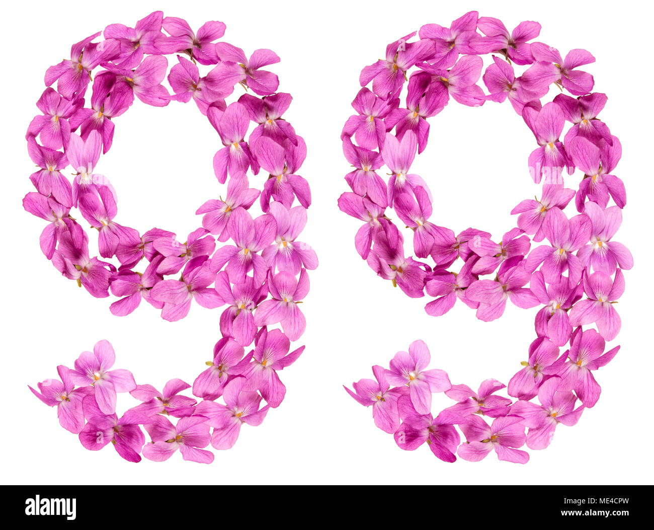 Arabic numeral 99, ninety nine, from flowers of viola, isolated on ...