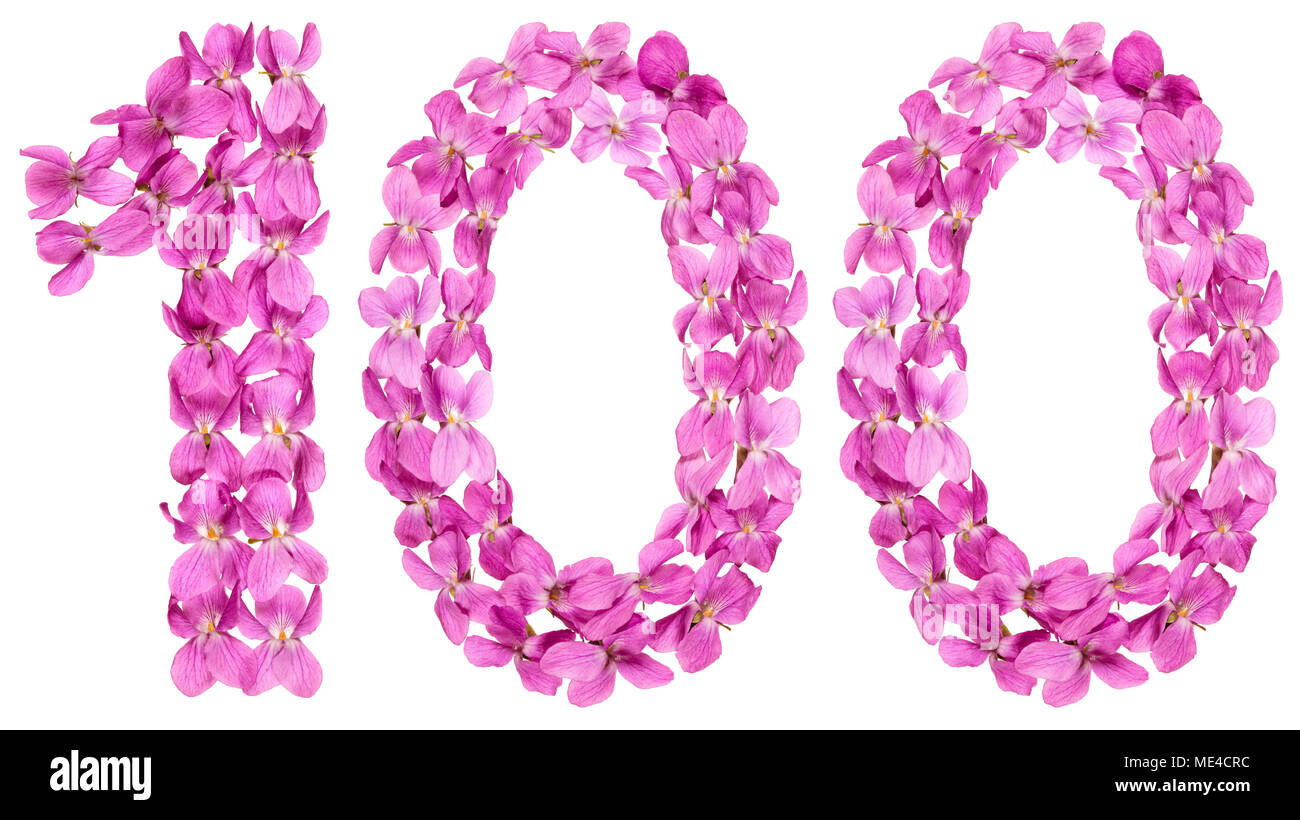Arabic numeral 100, one hundred, from flowers of viola, isolated on ...