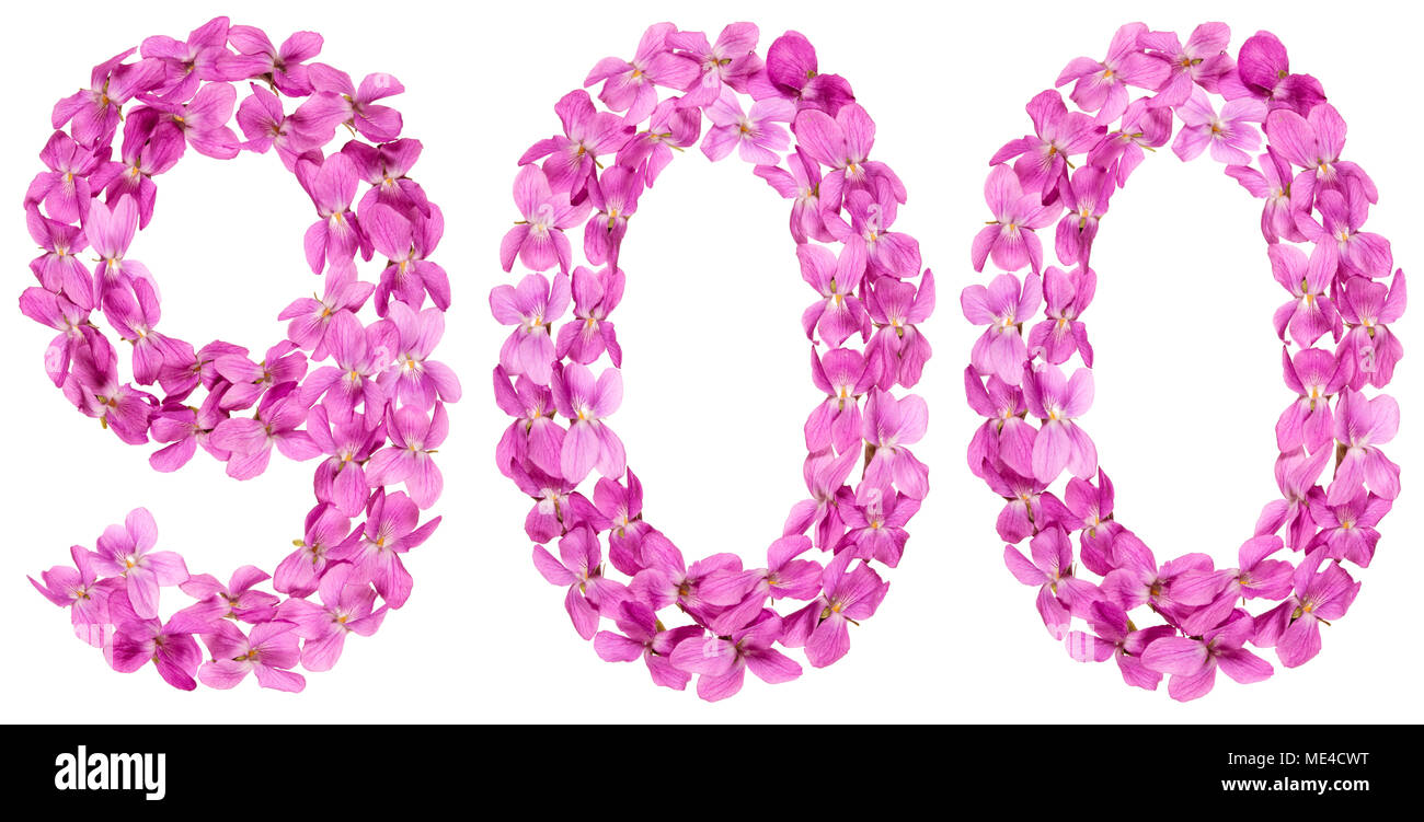 Arabic numeral 900, nine hundred, from flowers of viola, isolated on ...
