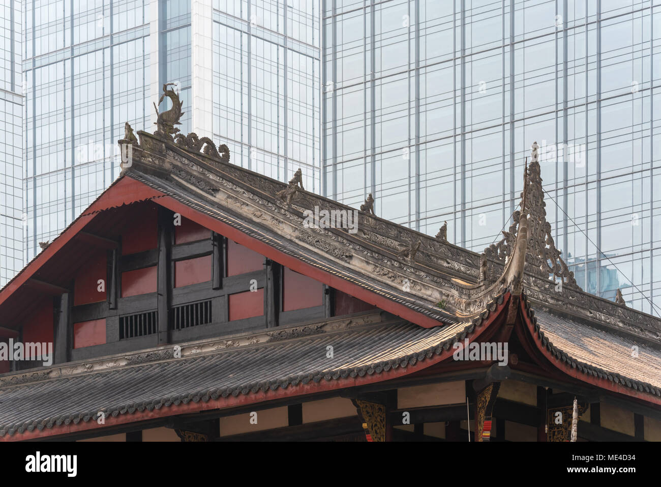 Daci buddhist temple against modern building in Chengdu, China Stock ...