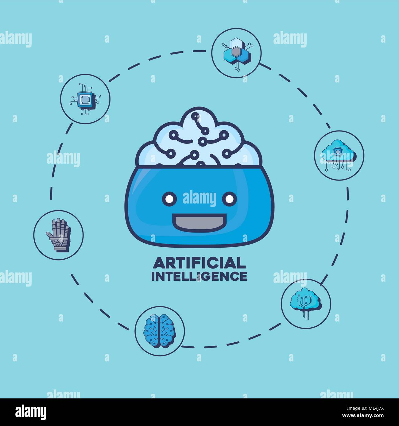 Artificial Intelligence design with cartoon robot and related icons ...