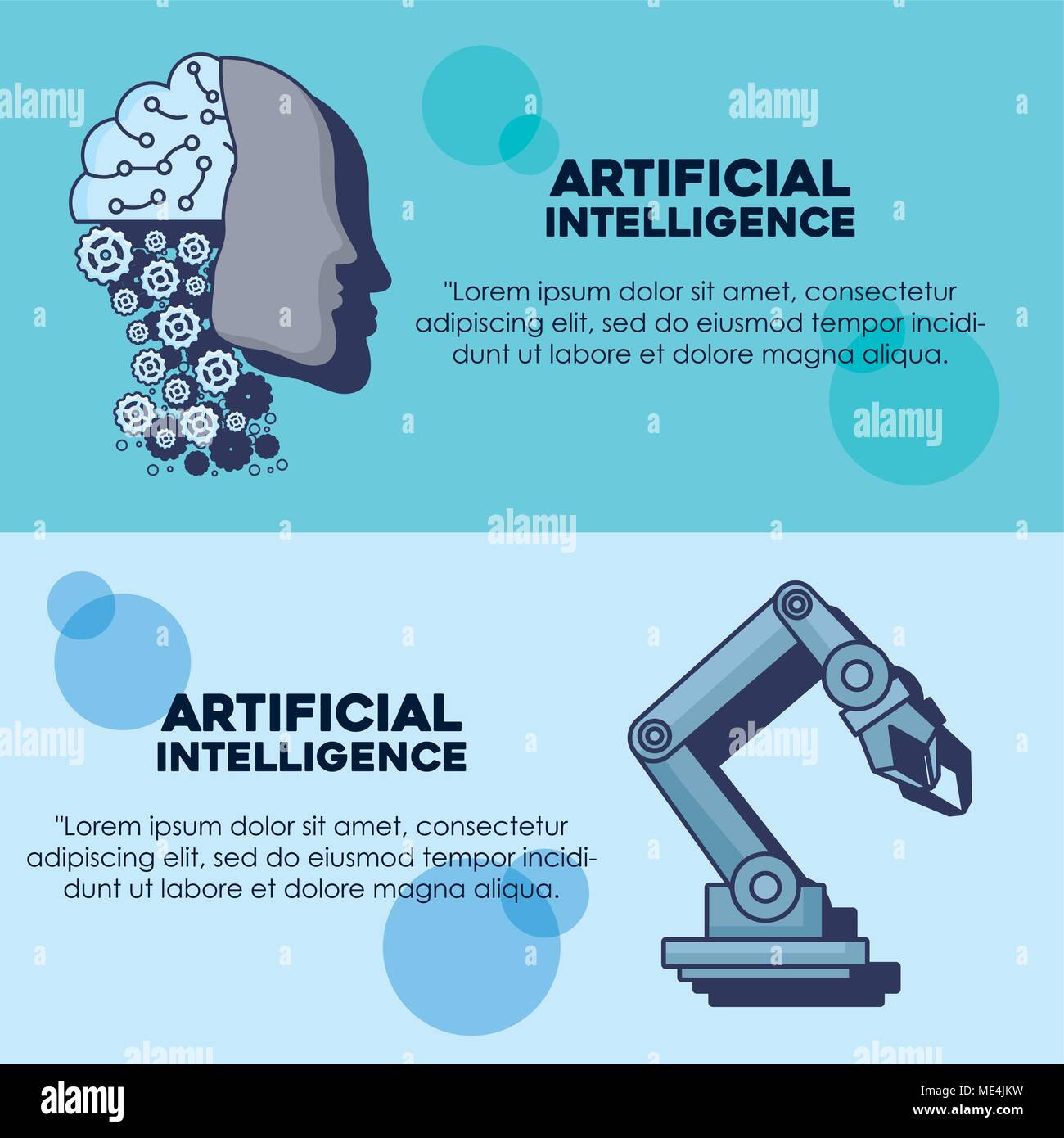Artificial Intelligence Infographic design with cybernetic robot head and arm over blue ...