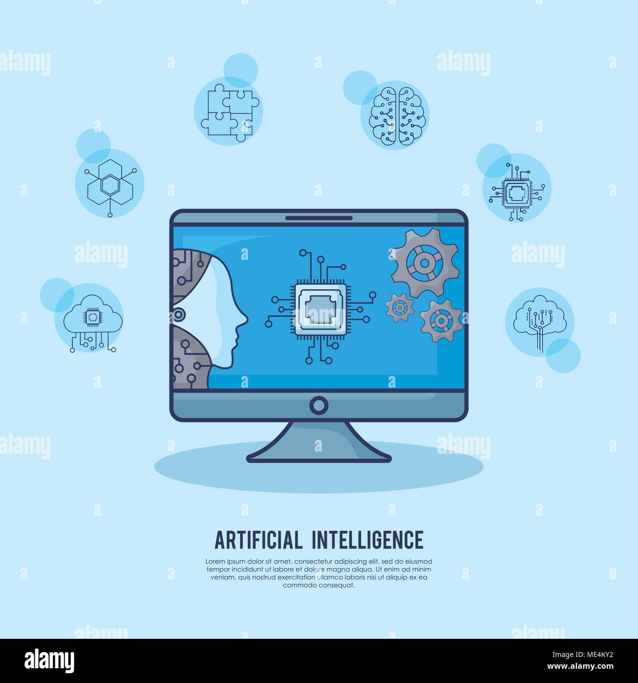 Artificial Intelligence design with computer and related icons over ...